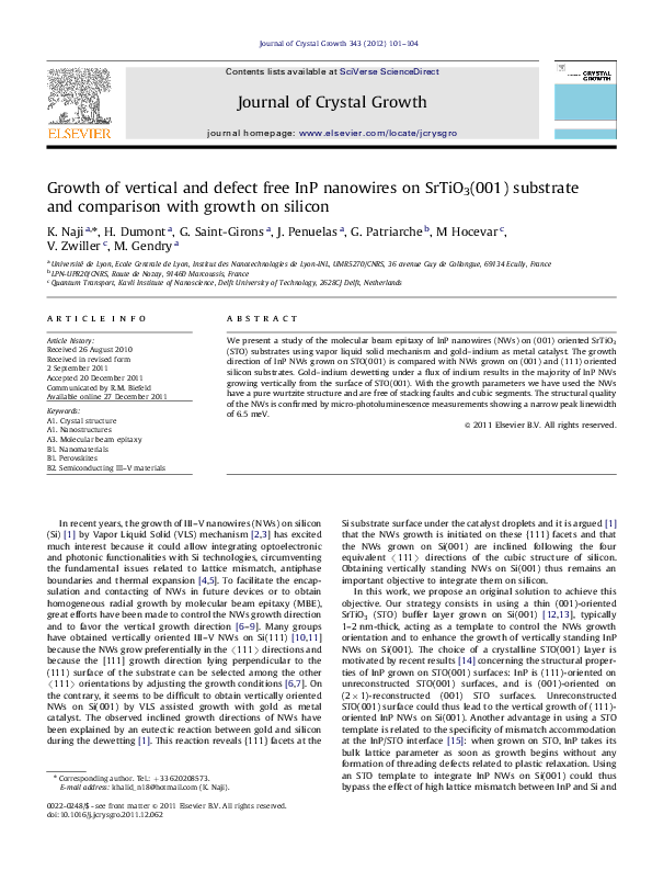 (PDF) Growth of vertical and defect free InP nanowires on SrTiO3(001) substrate and comparison ...