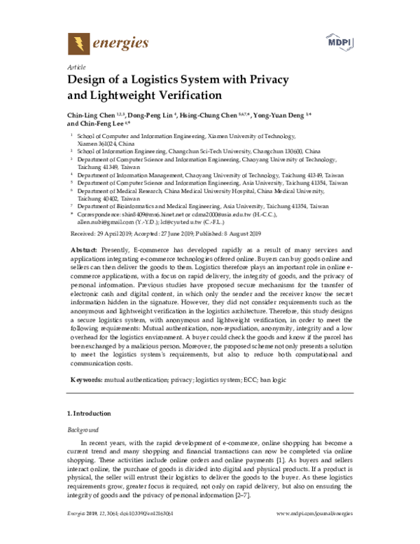 (PDF) Design of a Logistics System with Privacy and Lightweight ...