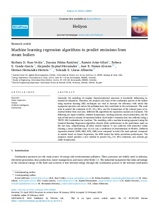 (PDF) Machine learning regression algorithms to predict emissions from steam boilers
