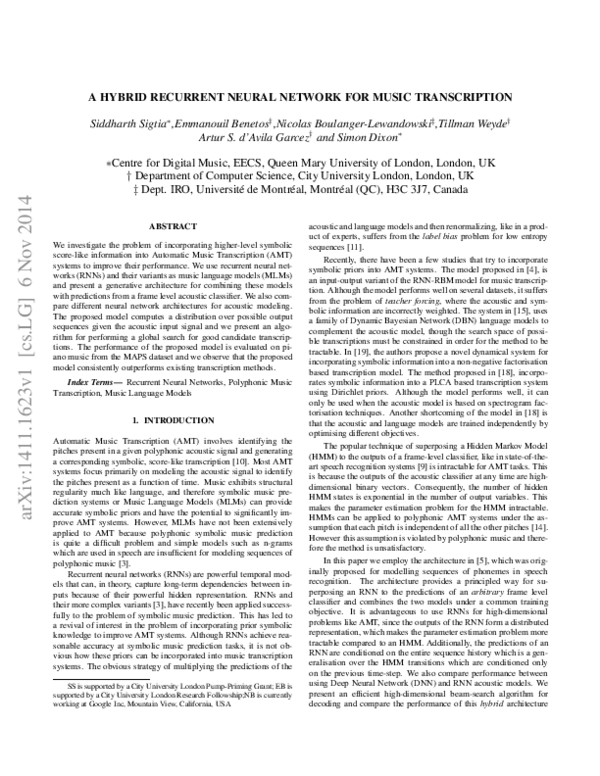 Pdf A Hybrid Recurrent Neural Network For Music Transcription