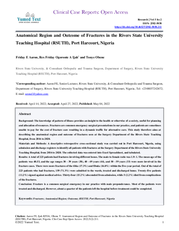 (PDF) Anatomical Region and Outcome of Fractures in the Rivers State ...