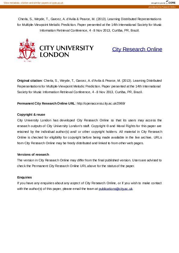 (PDF) Learning Distributed Representations for Multiple-Viewpoint Melodic Prediction