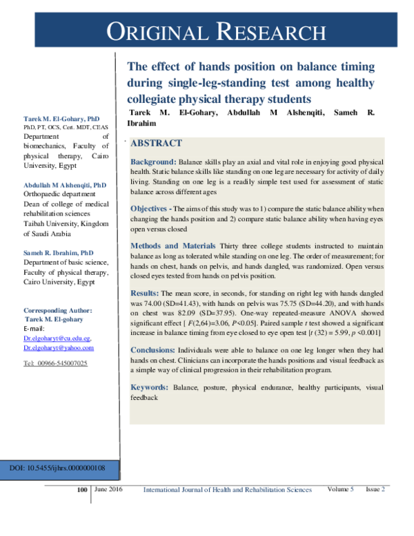 (PDF) The effect of hands position on balance timing during single-leg ...