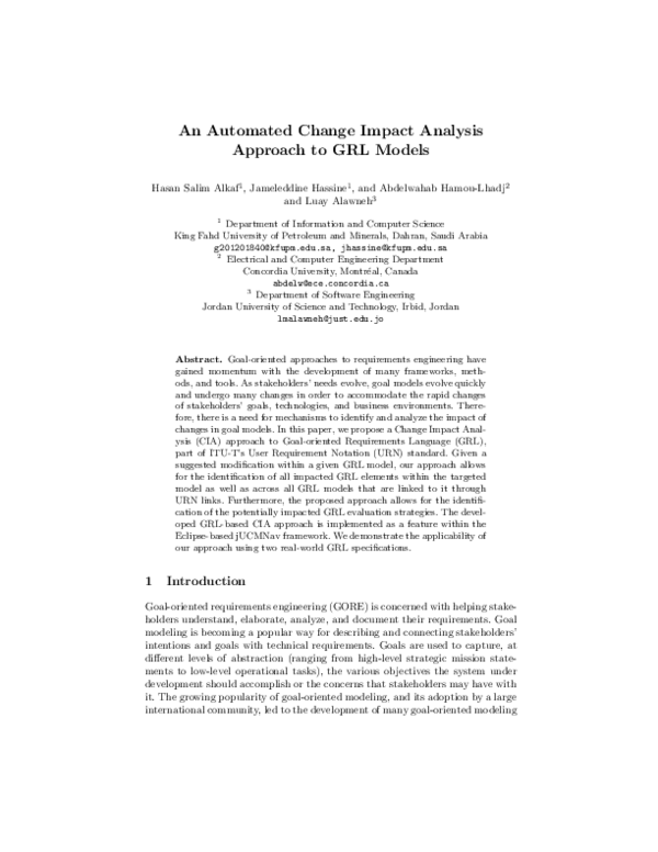 (PDF) An Automated Change Impact Analysis Approach to GRL Models | Luay ...