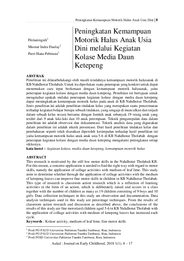 (PDF) Peningkatan Kemampuan Motorik Halus Anak melalui Kegiatan Kolase Media Daun Ketepeng