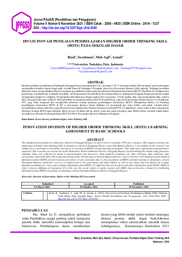 (PDF) Divusi Inovasi Penilaian Pembelajaran Higher Order Thinking Skill ...