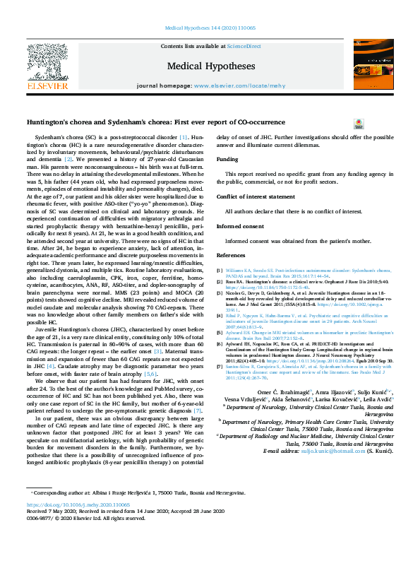 (PDF) Huntington's chorea and Sydenham's chorea: First ever report of ...