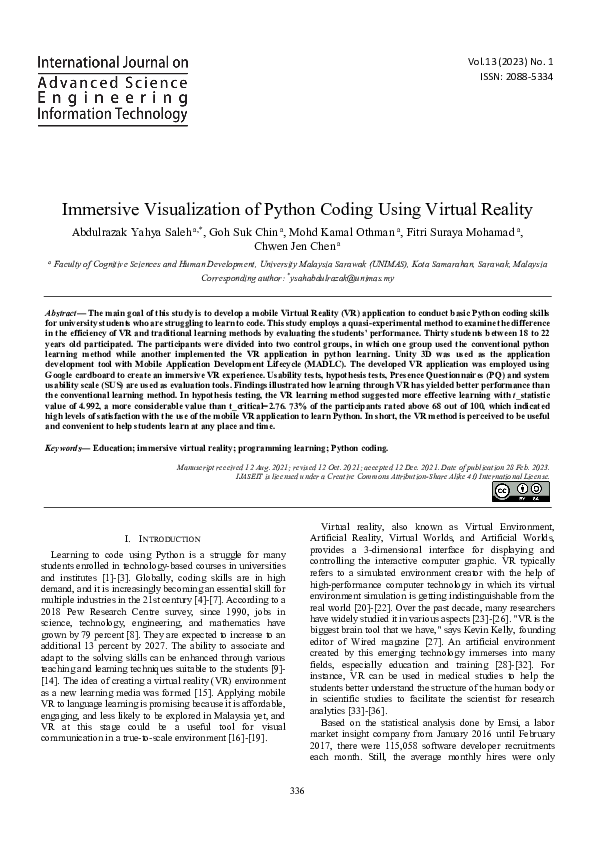 (PDF) Immersive Visualization of Python Coding Using Virtual Reality (PDF) Immersive Visualization of Python Coding Using Virtual Reality