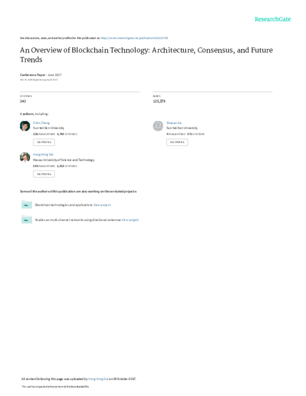 (PDF) An Overview of Blockchain Technology: Architecture, Consensus, and Future Trends
