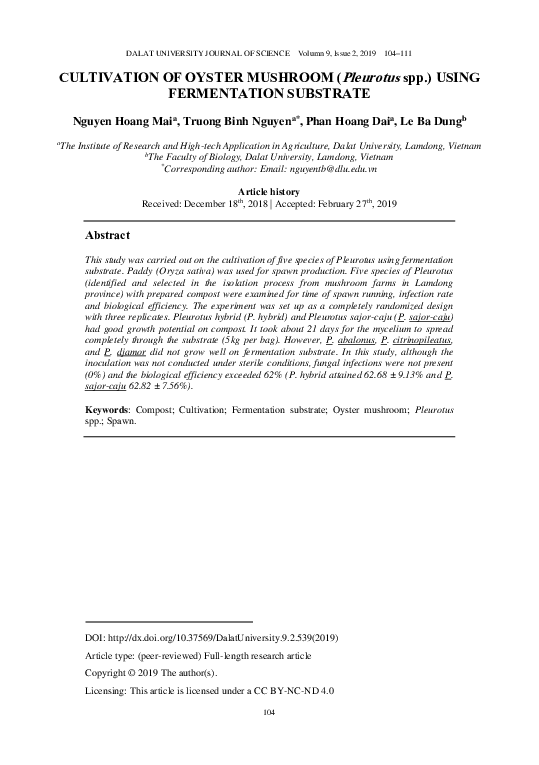 (PDF) CULTIVATION OF OYSTER MUSHROOM (Pleurotus spp.) USING FERMENTATION SUBSTRATE