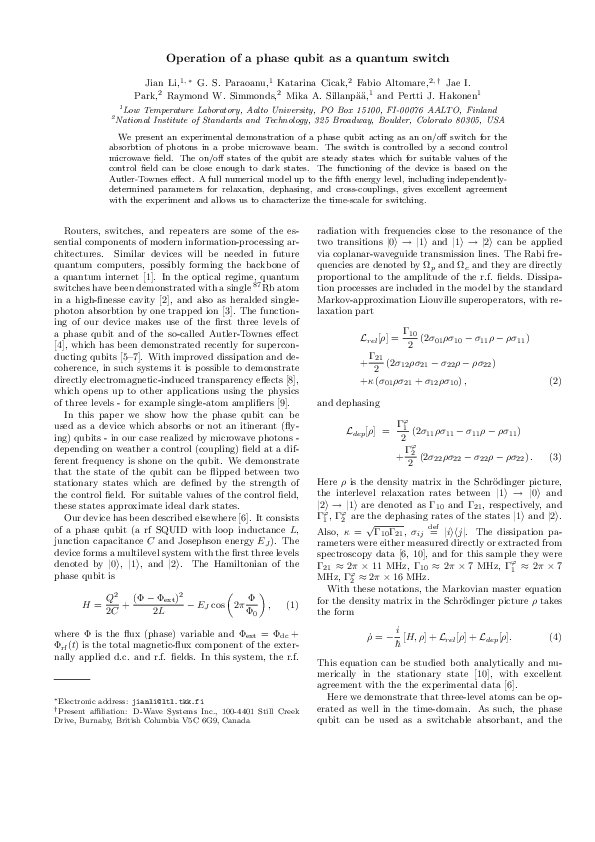 (PDF) Operation of a phase qubit as a quantum switch