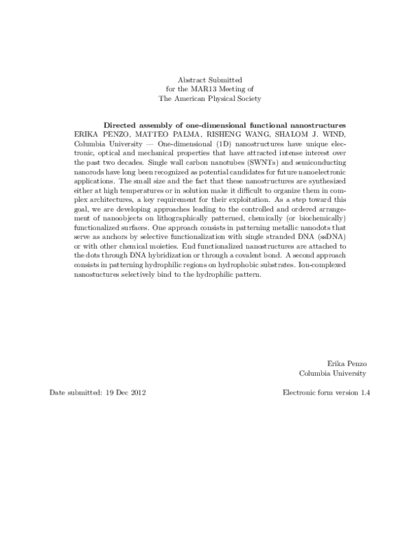 (PDF) Directed assembly of one-dimensional functional nanostructures