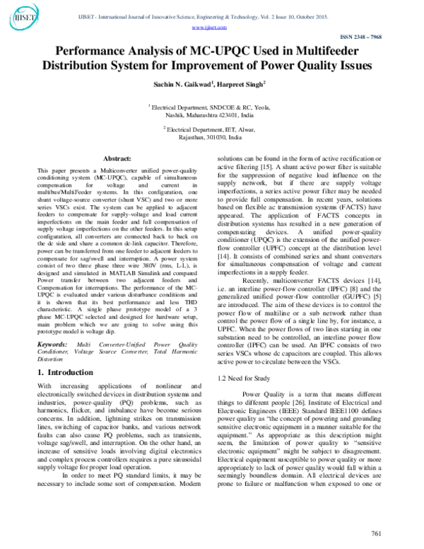(PDF) Performance Analysis of MC-UPQC Used in Multifeeder Distribution System for Improvement of ...
