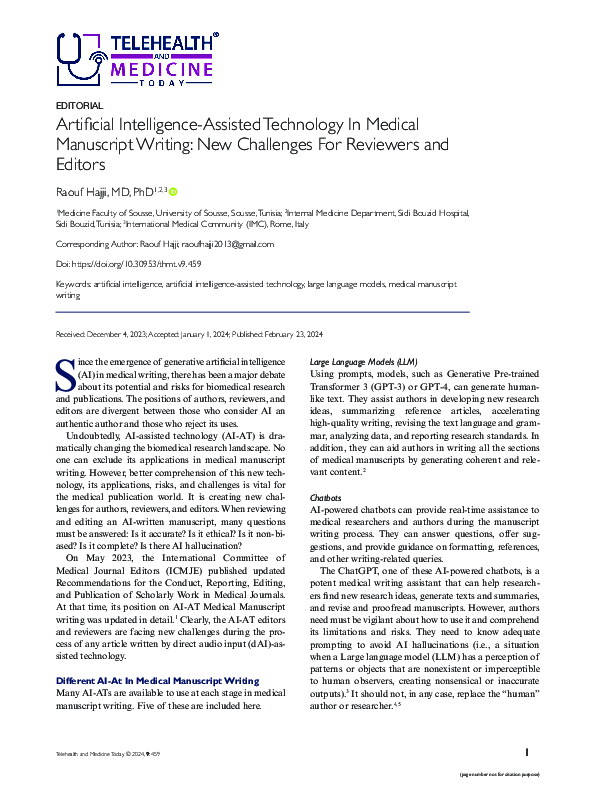 (PDF) Artificial Intelligence-Assisted Technology In Medical Manuscript Writing: New Challenges ...