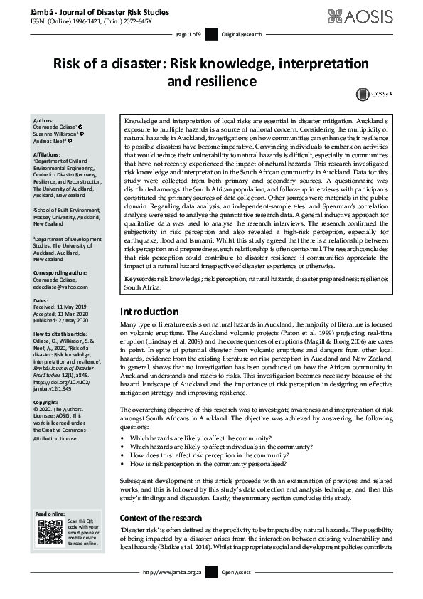 (PDF) Risk of a disaster: Risk knowledge, interpretation and resilience