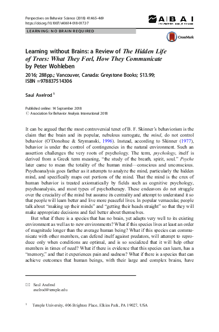 (PDF) Learning without Brains: a Review of The Hidden Life of Trees: What They Feel, How They ...