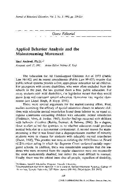 (PDF) Applied behavior analysis and the mainstreaming movement