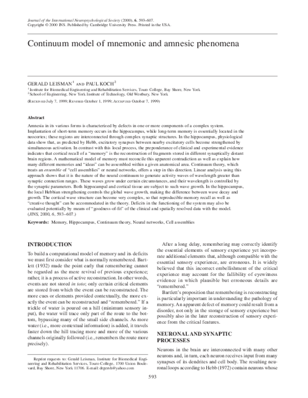 (PDF) Continuum model of mnemonic and amnesic phenomena