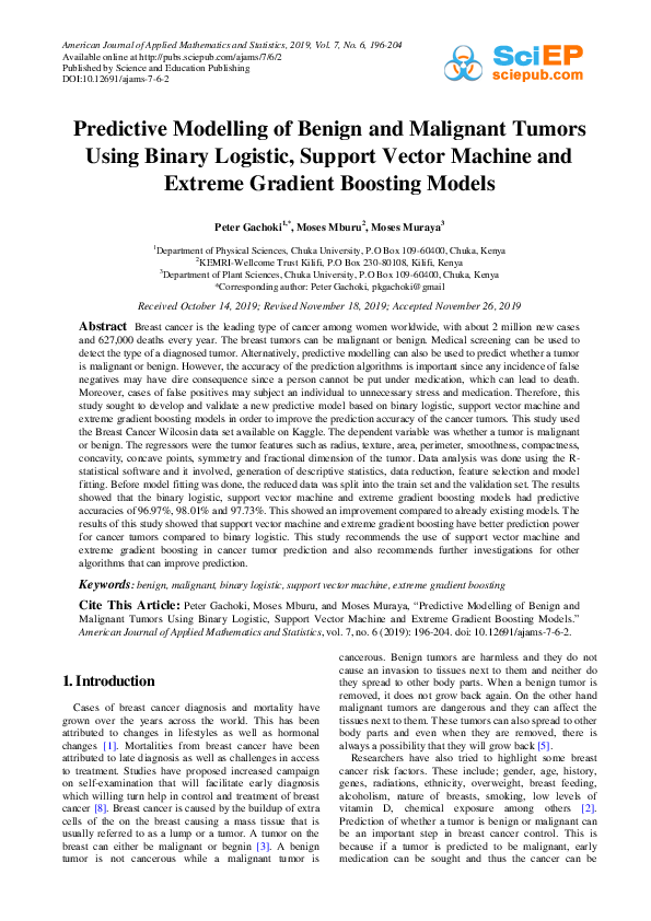 Pdf Predictive Modelling Of Benign And Malignant Tumors Using Binary Logistic Support Vector
