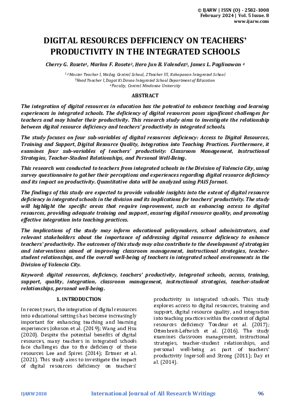 (PDF) DIGITAL RESOURCES DEFFICIENCY ON TEACHERS' PRODUCTIVITY IN THE ...