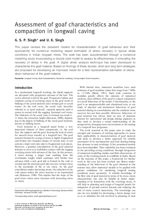 (PDF) Assessment of goaf characteristics and compaction in longwall caving