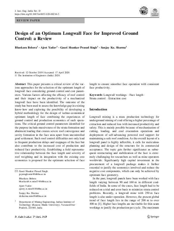 (PDF) Design of an Optimum Longwall Face for Improved Ground Control: a ...