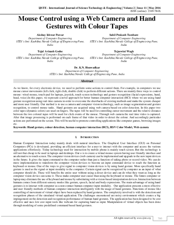 (PDF) Mouse Control using a Web Camera and Hand Gestures with Colour Tapes