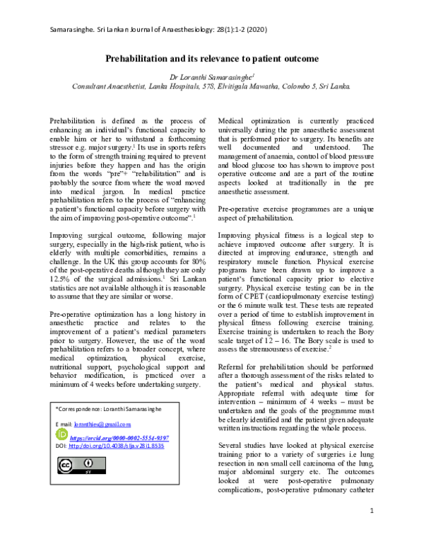 (PDF) Prehabilitation and its relevance to patient outcome