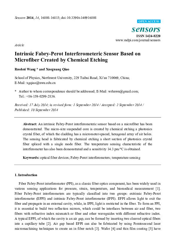 (PDF) Intrinsic Fabry-Perot interferometeric sensor based on microfiber created by chemical ...
