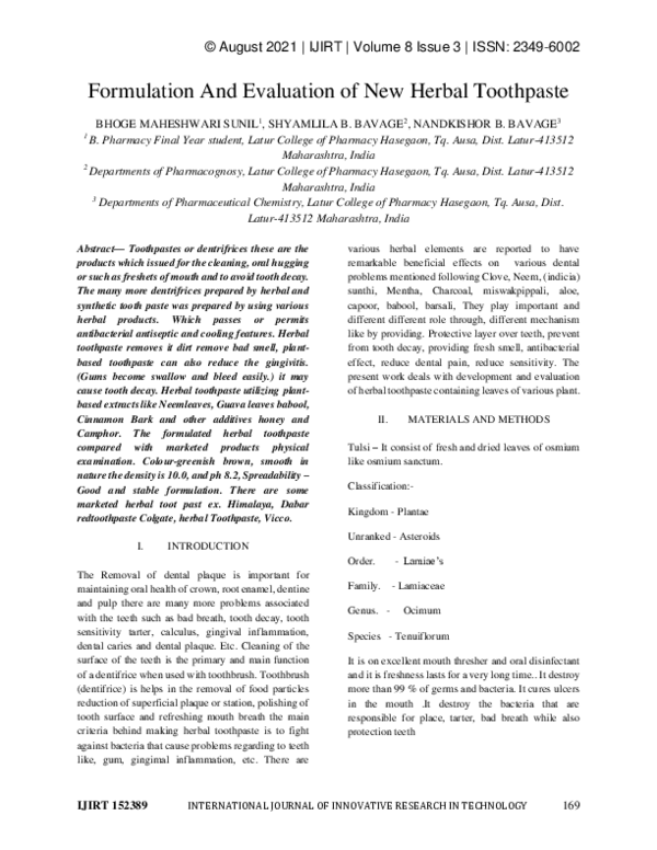 (PDF) Formulation and Evaluation of New Herbal Toothpaste
