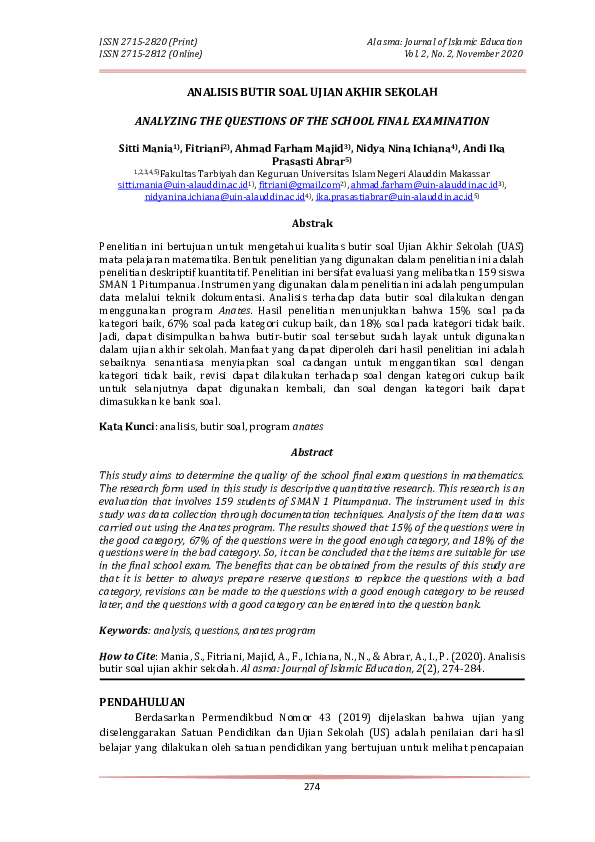 (PDF) Analisis Butir Soal Ujian Akhir Sekolah