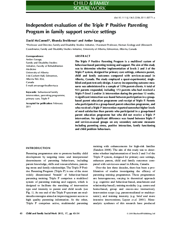 (PDF) Independent evaluation of the Triple P Positive Parenting Program in family support ...