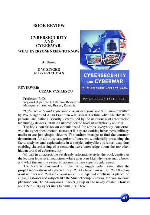 (PDF) Book Review:CYBERSECURITY AND CYBERWAR. WHAT EVERYONE NEEDS TO ...