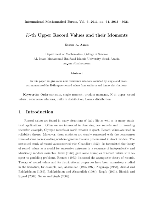 (PDF) K-th Upper Record Values and their Moments