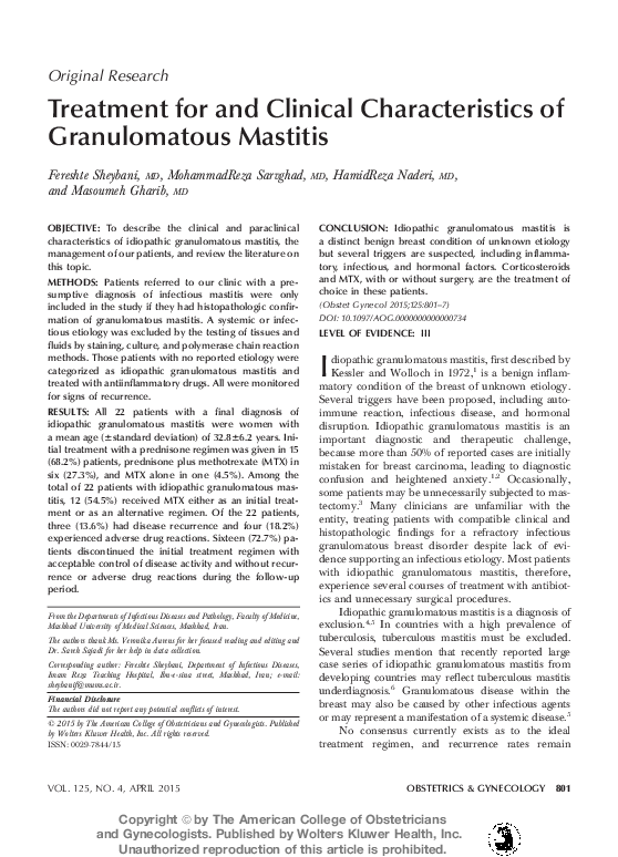 (PDF) Treatment for and Clinical Characteristics of Granulomatous Mastitis