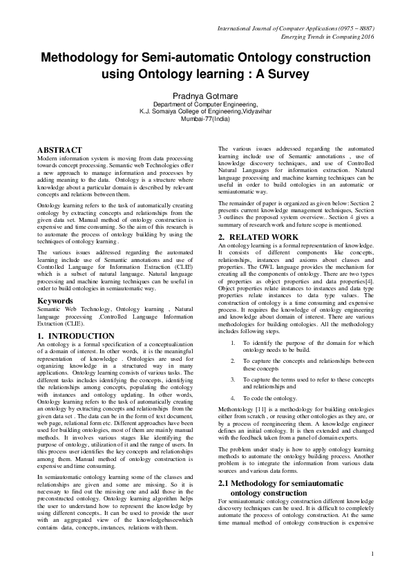 (PDF) Methodology for Semi-Automatic Ontology Construction using Ontology learning: A Survey