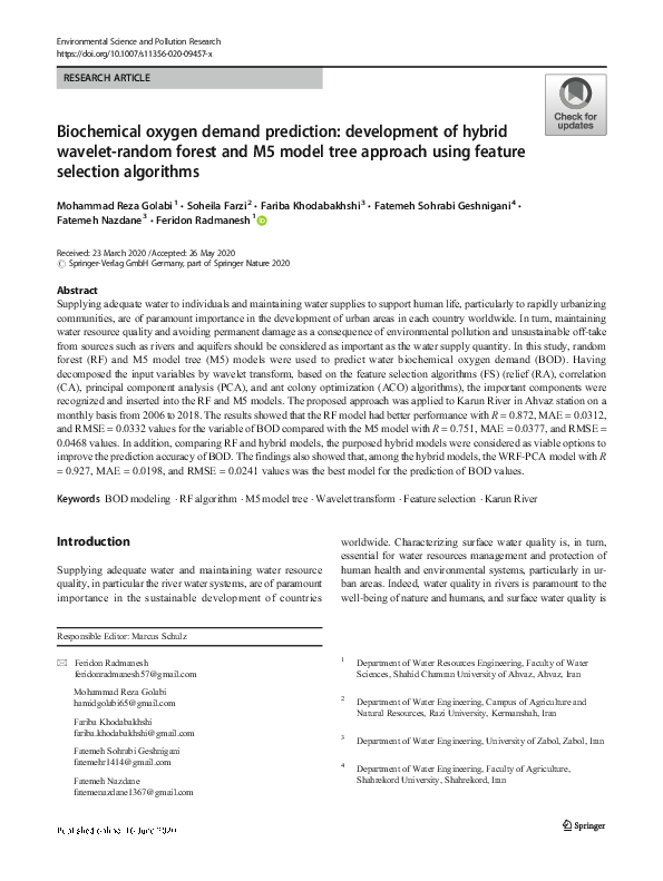 (PDF) Biochemical oxygen demand prediction: development of hybrid wavelet-random forest and M5 ...