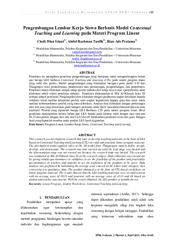 (PDF) Pengembangan Lembar Kerja Siswa Berbasis Model Contextual Teaching and Learning pada ...