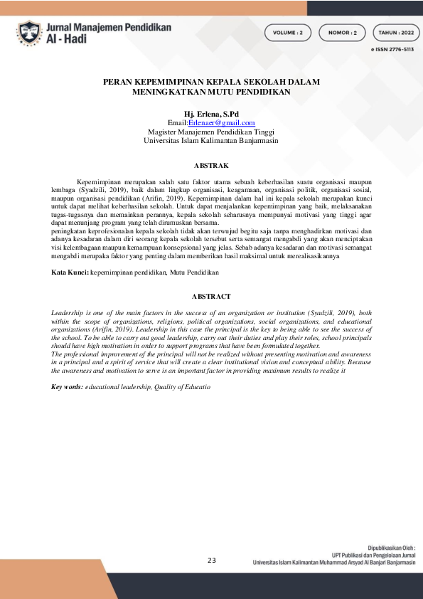 (PDF) Peran Kepemimpinan Kepala Sekolah Dalam Meningkatkan Mutu Pendidikan