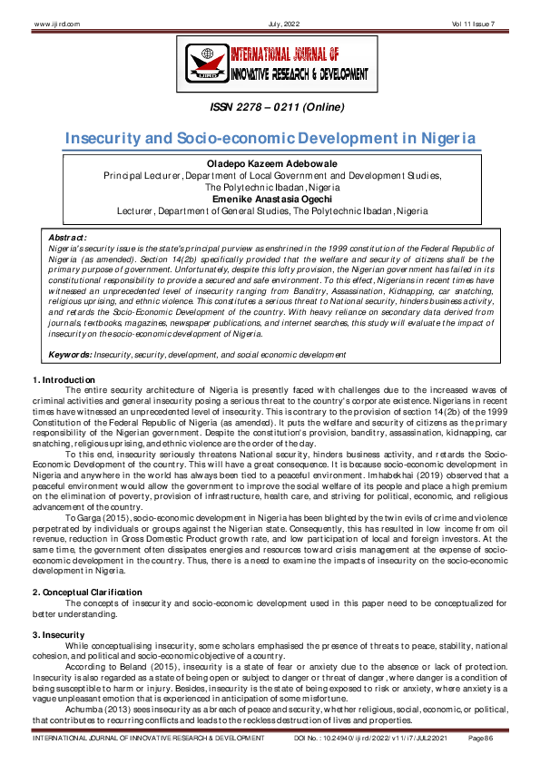 (PDF) Insecurity and Socio-economic Development in Nigeria