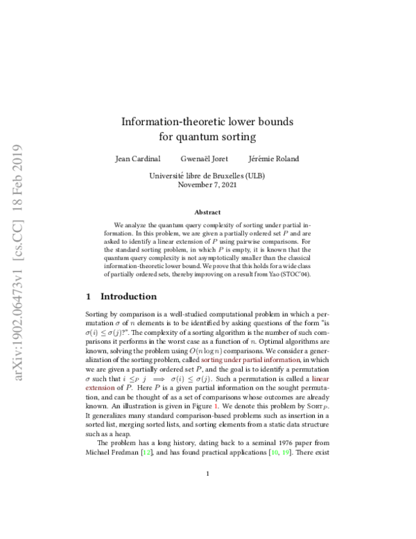 (PDF) Information-theoretic lower bounds for quantum sorting | Jérémie ...