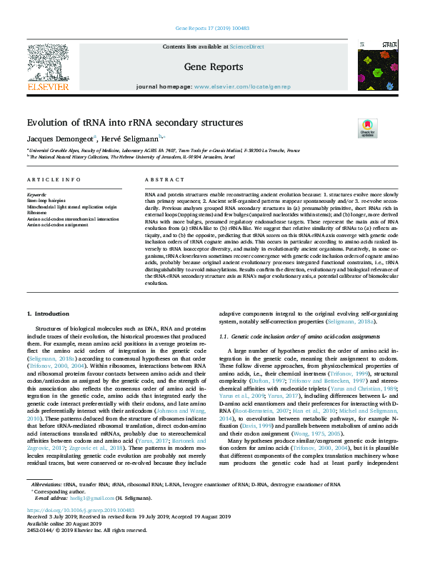 (PDF) Evolution of tRNA into rRNA secondary structures
