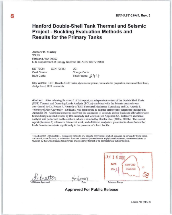 (PDF) Hanford Double Shell Tank Thermal and Seismic Project Buckling ...