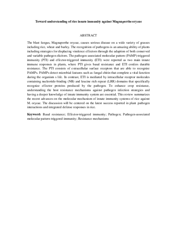 (PDF) Toward understanding of rice innate immunity againstMagnaporthe ...