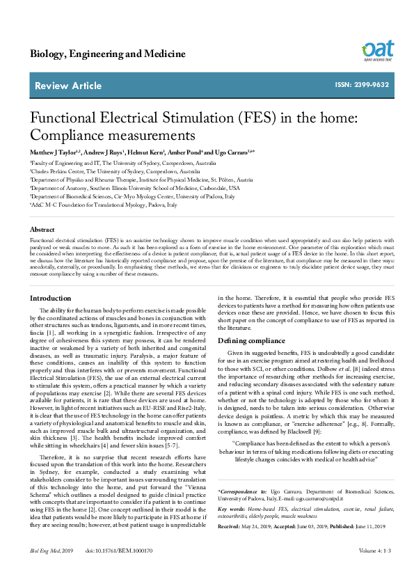 (PDF) Functional Electrical Stimulation (FES) in the Home: Compliance ...
