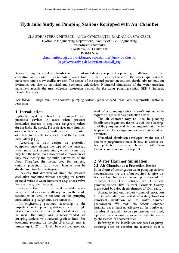 (PDF) Hydraulic study on pumping stations equipped with air chamber