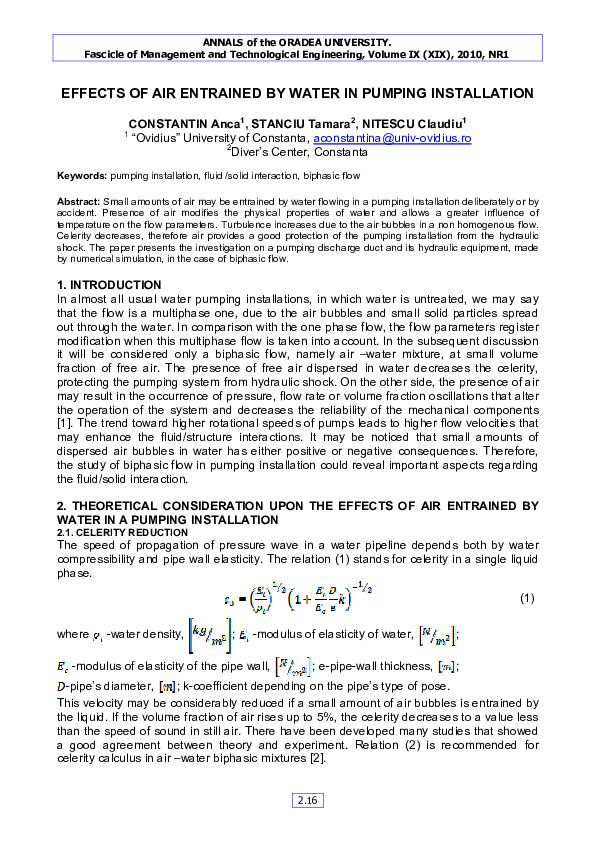 (PDF) Effects of Air Entrained by Water in Pumping Installation