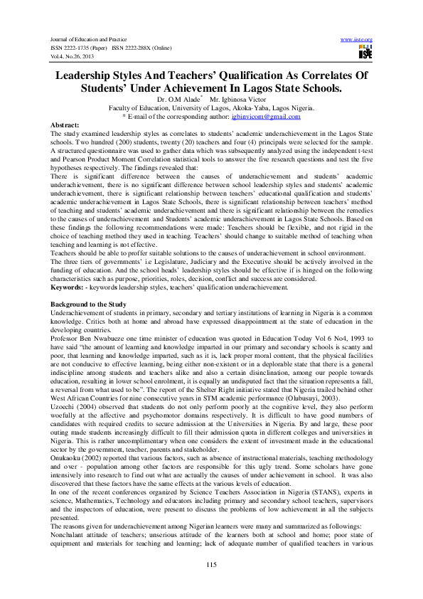 (PDF) Leadership Styles And Teachers’ Qualification As Correlates Of ...