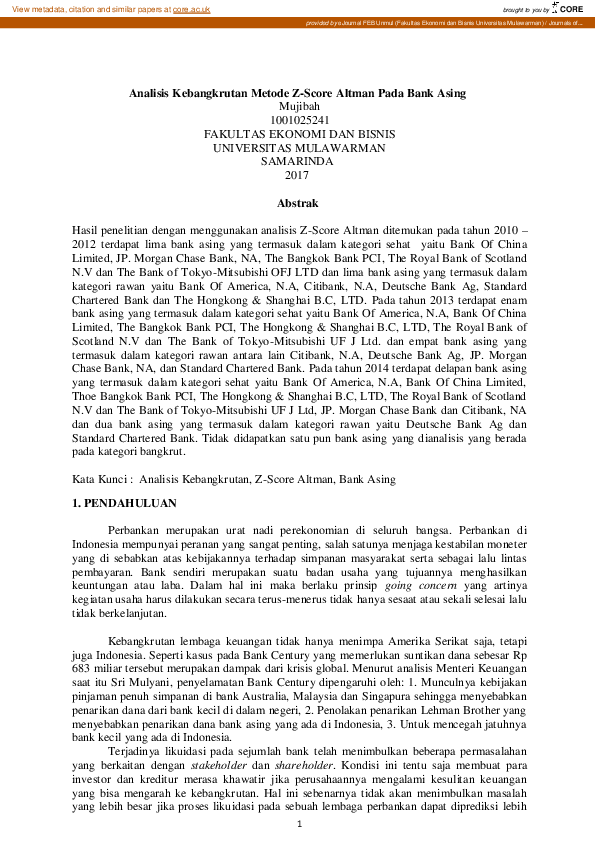 (PDF) Analisis Kebangkrutan Metode Z-Score Altman Pada Bank Asing