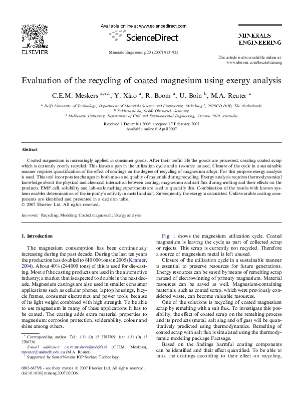 (PDF) Evaluation of the recycling of coated magnesium using exergy analysis